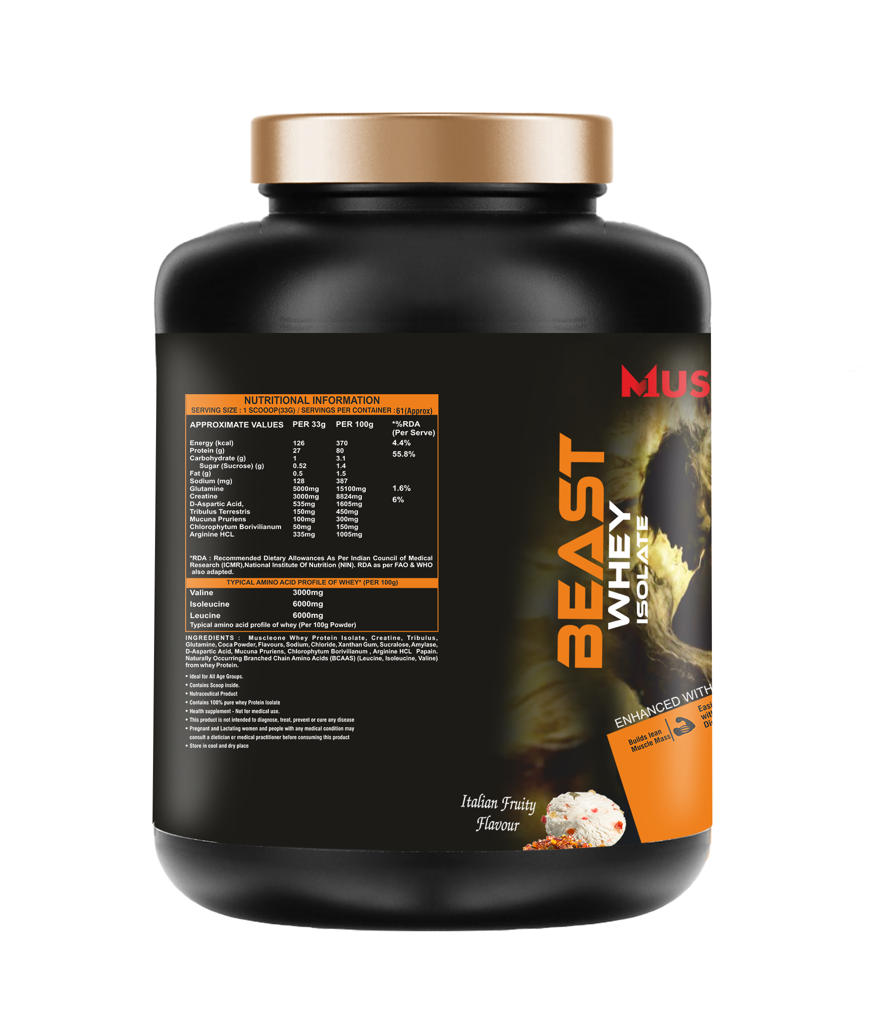Muscle One Beast Whey Isolate Protein 2kg American Ice Cream Flavour ...